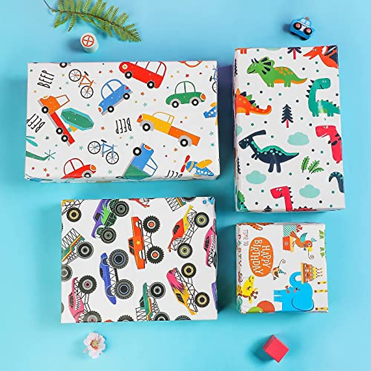 BULKYTREE Birthday Wrapping Paper for Boys Kids, 12 Sheets Dinosaur, Monster Truck, Happy Animals Design Gift Wrap for Kids Birthday, Baby Shower and Holiday - 20 x 29 Inch Per Sheet