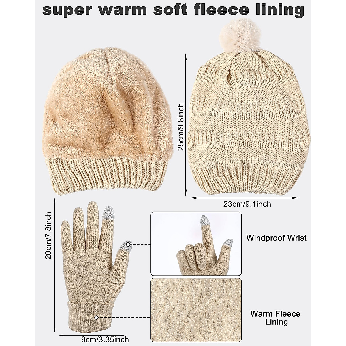Suhine 8 Pcs Winter Beanie Hat and Gloves Set for Women Pompom Beanie Hat Fleece Lined Hats with Women Touchscreen Gloves, 4 Colors