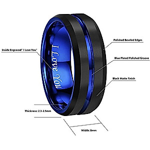 4mm 6mm 8mm 10mm Blue Groove Black Matte Finish Tungsten Carbide Wedding Band Ring Engraved I Love You (8mm,11)