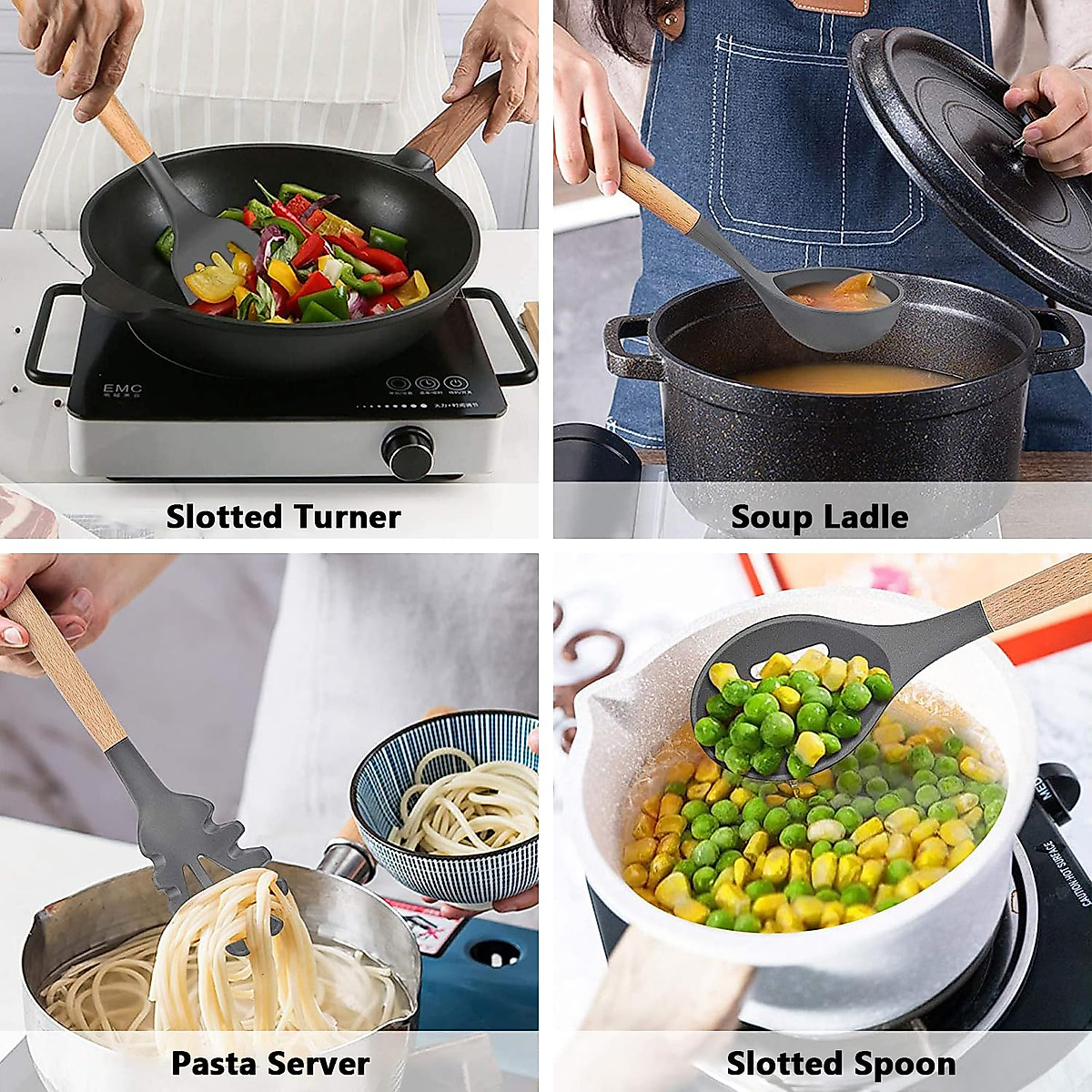 IOCBYHZ Kitchen Cooking Utensils Set, 6Pcs Silicone Cooking Kitchen Utensils Set Spatula Soup Ladle Turner Set, Heat Resistant Wooden Handle Silicone Kitchen Gadgets Utensil Set for Nonstick Cookware