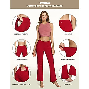 TSLA Womens Bootcut Yoga Pants with Pockets, Tummy Control High Waist Bootleg Yoga Pants, 4 Way Stretch Workout Pants, Bootcut Petite Red, Large