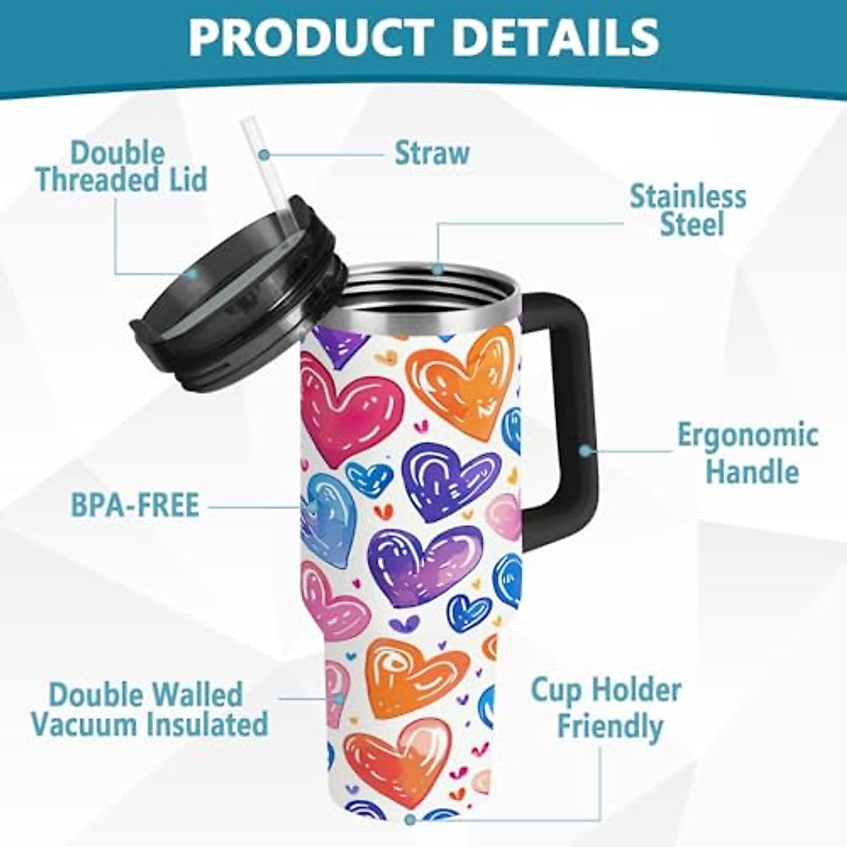 FRCSDIY Colorful Love Insulated Tumbler with Handle and Straw Lid,40oz Leakproof Stainless Steel Cup BPA-Free Water Bottle