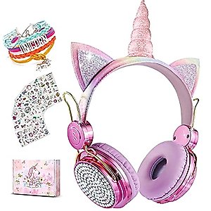 Unicorn Wireless Headphones for Kids,Cat Ear Bluetooth 5.0 Over Ear Headphones with Microphone for Cellphone/iPad/Laptop/PC/TV/PS4/Xbox One, Foldable Gaming Headset for Girls Teens Gift (Purple)