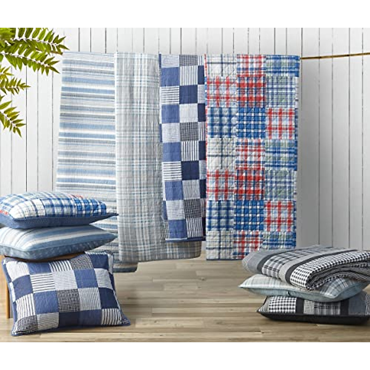 Nautica Quilt Set All Season Cotton Bedding with Matching Sham, Lightweight & Reversible, Queen, Jettison Grey/Blue/White