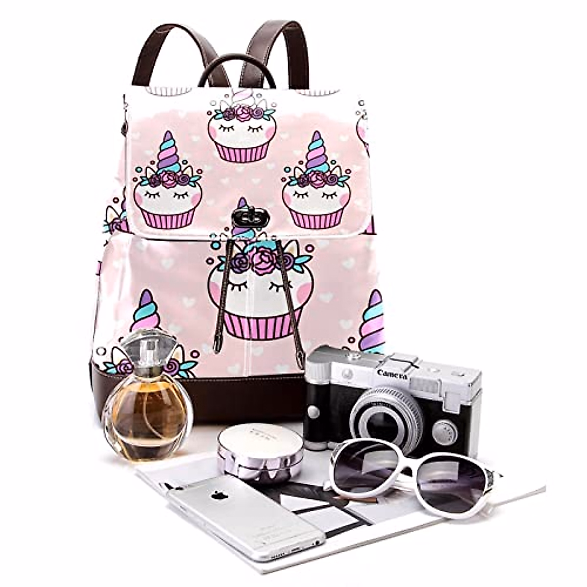 Cute Unicorn Cupcake Pattern Backpack for Women Fashion PU Leather Daypacks Anti-Theft Shoulder Bag Satchel
