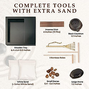 Zen Garden Kit for Desk, 6.4x6.4x0.5 Complete Relaxing Japanese Zen Gardens with Rake, Stable Sand Gardening Tray, with Rock Accessories as Home Tabletop Desktop Meditation Therapy Set Tools