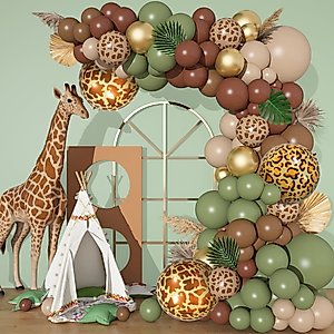 150Pcs Safari Fall Balloon Garland Arch Kit, Jungle Animal Print Olive Sage Green Brown Balloons for Wild One Baby Shower Party for Boy Girl First Birthday Wedding Party Decorations