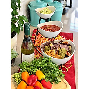 Partito Bella 3 Tier White Oval Bowl Set with Collapsible Thicker Metal Rack - Perfect Display for Chips, Dips, Candy, Fruit and More Collapsible Stand with Nesting Bowls for Easy Storage