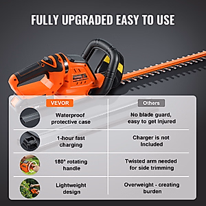 VEVOR Cordless Hedge Trimmer-20V Electric Bush Trimmer Kit with 18 inch Double-Edged Steel Blade, 180° Rotating Handle and Blade Cover for Your Safety(2.0Ah Battery & Fast Charger Included)