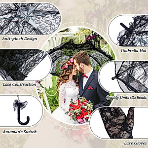 Amylove Lace Parasol Umbrella and Lace Gloves Set Wedding Bridal Umbrella for Decoration Tea Party Costume 31.5 Inch Adult Size(Black)
