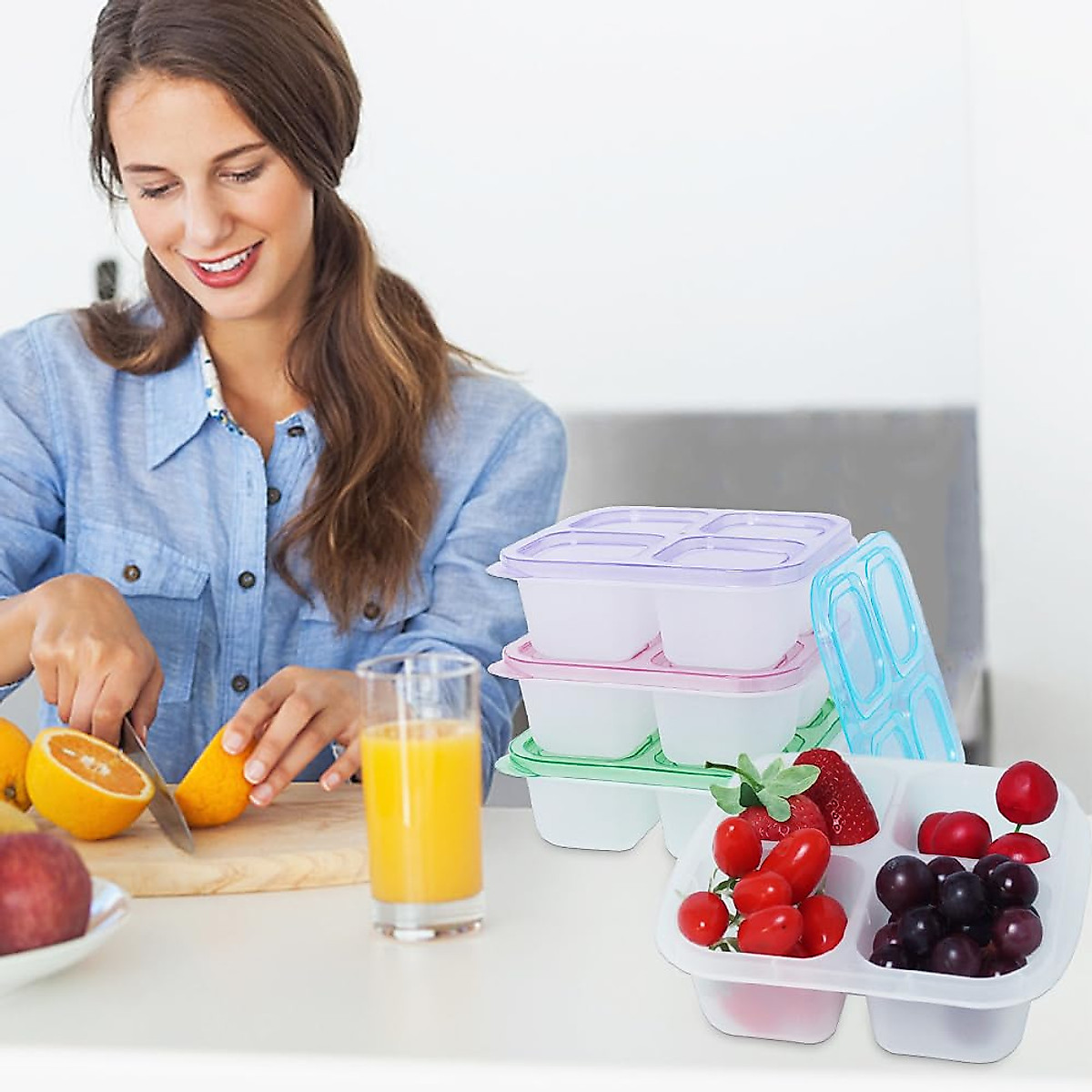 Aimkeoulee 4 Pack Snack Containers with Lids,Reusable 4 Compartments Bento Lunch Box, Divided Meal Prep Lunch Box, Food Storage Containers (Multicolor 2(Pink/Green/Blue/Purple))