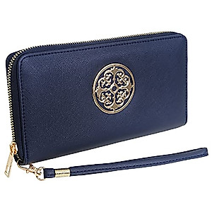 Rebecca & Rifka Women's Large Saffiano Vegan Leather Medallion Zip Around Multi Holder Organizer Wristlet Large Capacity Travel Clutch Wallet (Navy)