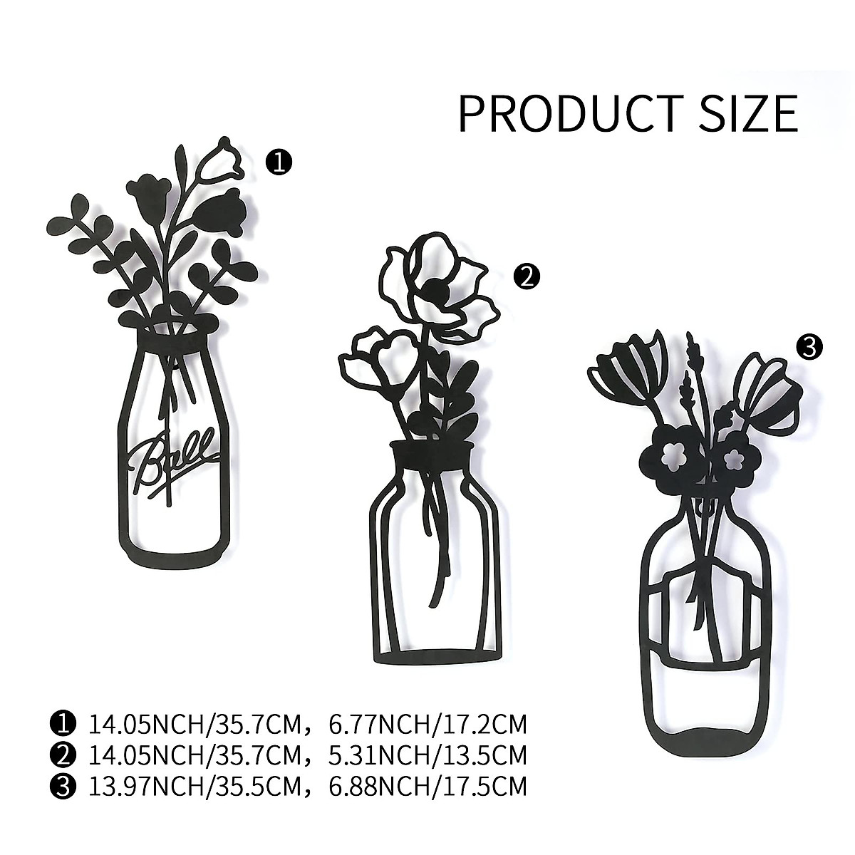 Set of 3 Metal Vase Flowers Wall Art Metal Flower Minimalism Metal Flower Wall Art Decor Hanging for Home Bedroom Bathroom Kitchen Garden Outdoor and Indoor Housewarming Gift(Black)