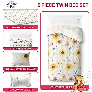Jay Franco Disney Winnie The Pooh Twin Comforter Set - 5 Piece Bedding Includes Sheet Set & Pillow Covers - Super Soft Cozy Floral Bedding