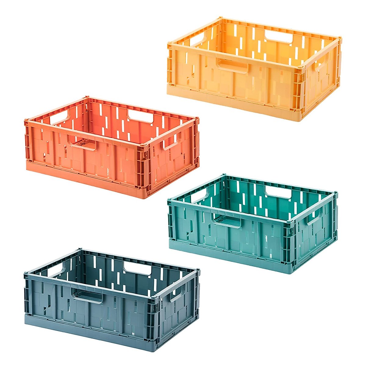 Klyuqoz Pastel Crates, 4 Pack Storage Crates Plastic Stackable, Medium Size(9.6 x 7.3 x 3.5 in), Desktop Storage Crates Folding for Home Office Bedroom.Blue, Yellow, Green, Orange