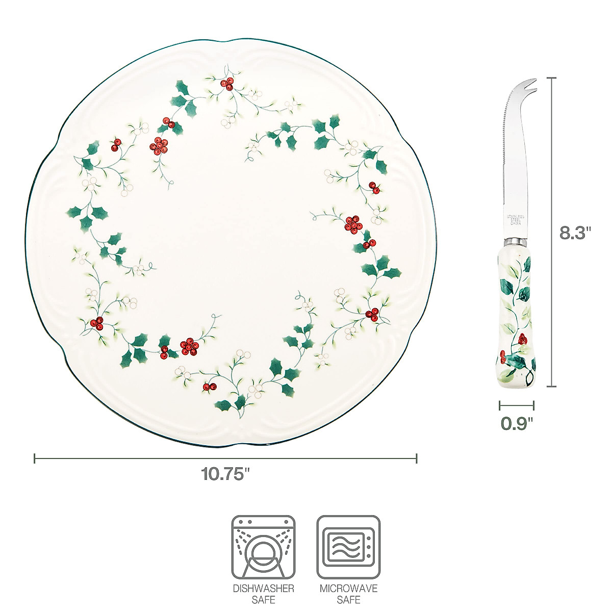 Pfaltzgraff Winterberry Platter Tray with Cheese Knife, 10.75 Inch, Multicolored