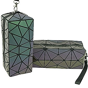 Wsnyy 2PCs Big Capacity Luminous Pencil Pen Case,Luminous Cosmetic Bag with Wrist Strap for Women,Geometric Foldable Portable Travel Make up Bags