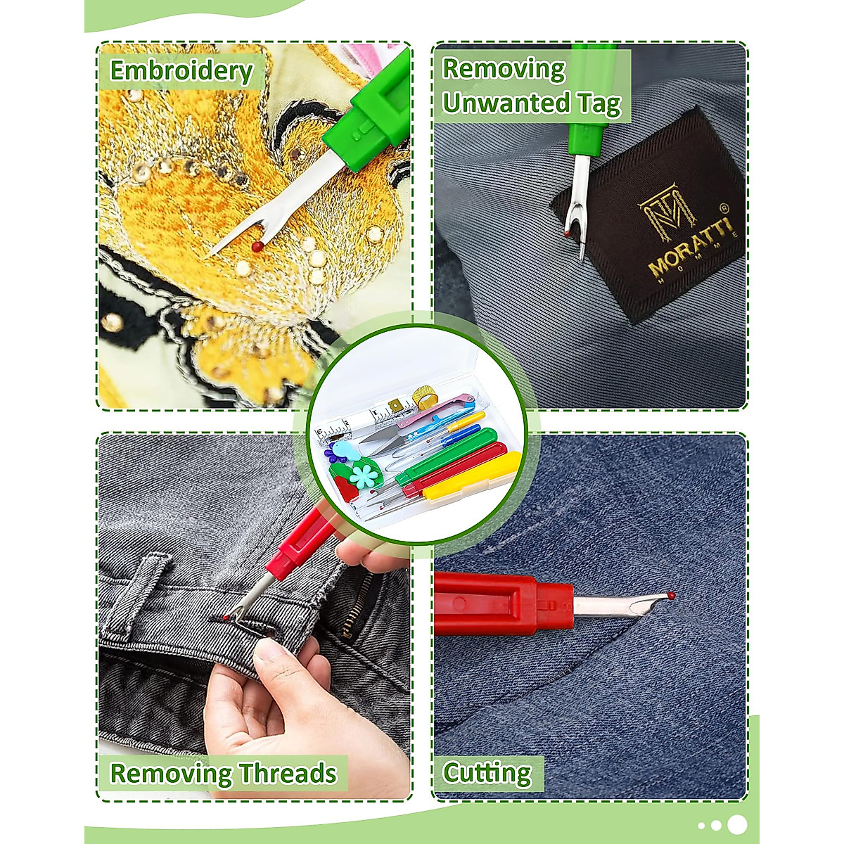 FIVEIZERO Seam Rippers for Sewing – 2 Big and 2 Small Stitch Remover Tools, Thread Ripper, Embroidery Removal Tool, with Needle Threaders, Thimbles, Tape Measure, Tailors Awl and Thread Snips