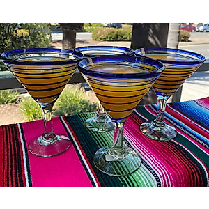 Mexican Hand Blown Glass – Set of 4 Hand Blown Modern Margarita Glasses - Blue Spiral (12 oz)