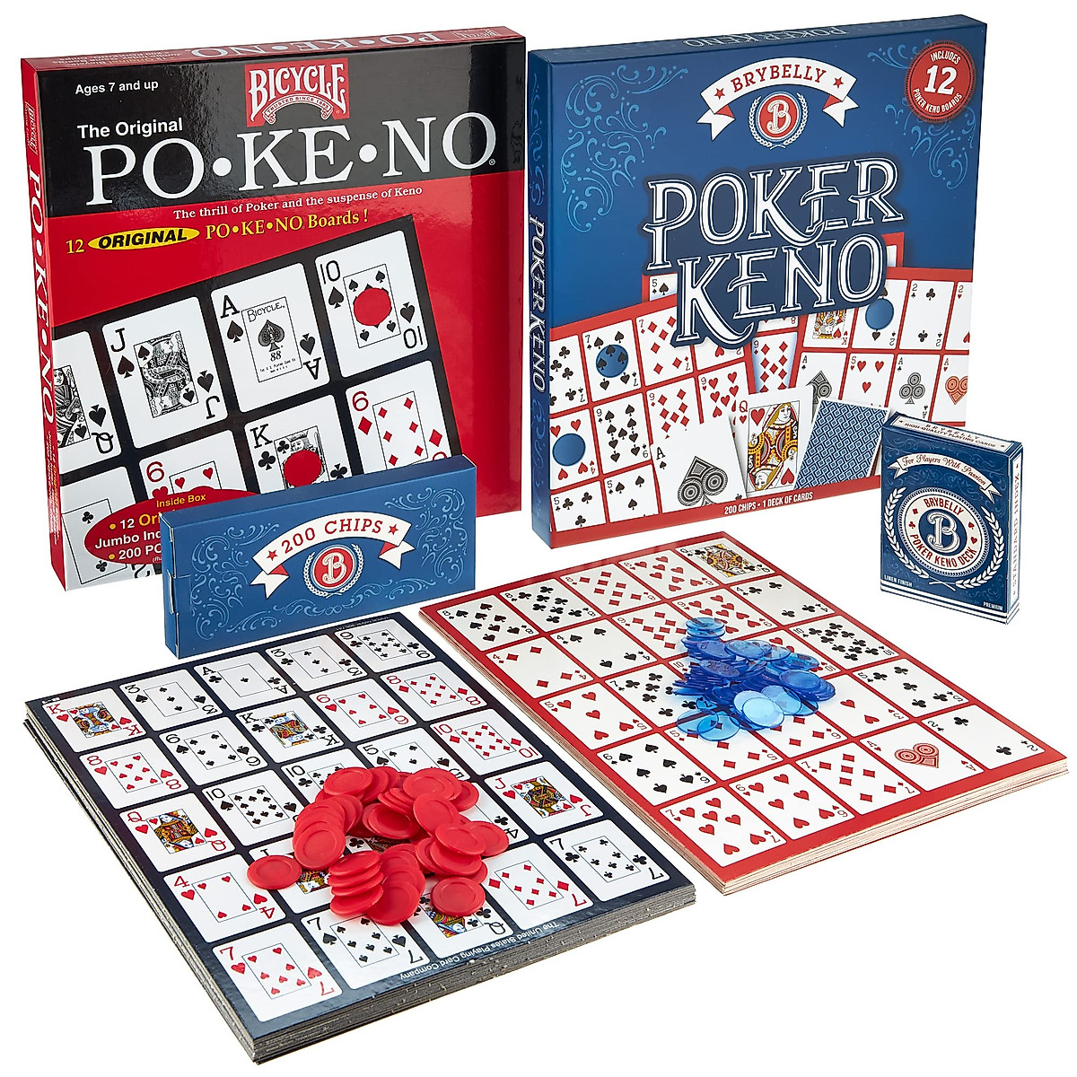 MBGBrybelly Po-ke-no + Expansion Cards Bundle for 24 Players - 24 Unique Jumbo Index Game Boards, 400 Chips and Deck of Playing Cards - Pokeno Family Casino Board Game Night Gift Set