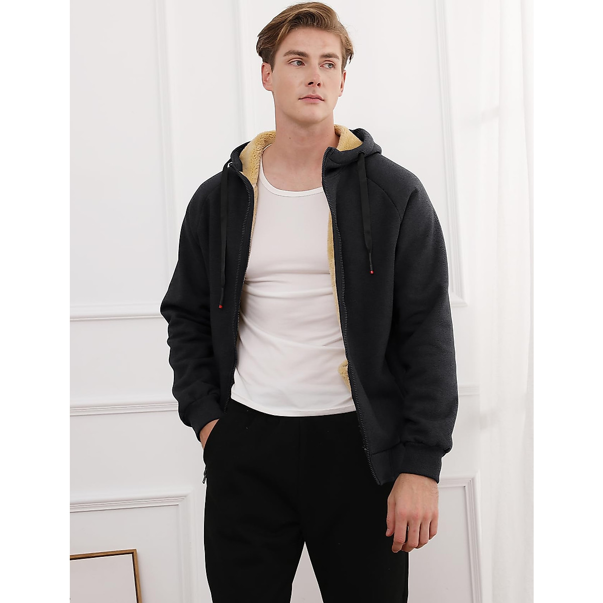 Gihuo Men's Winter Sherpa Lined Hoodie Zip Up Sweatshirt Heavyweight Warm Fleece Jacket with Pockets (Black, X-Large)