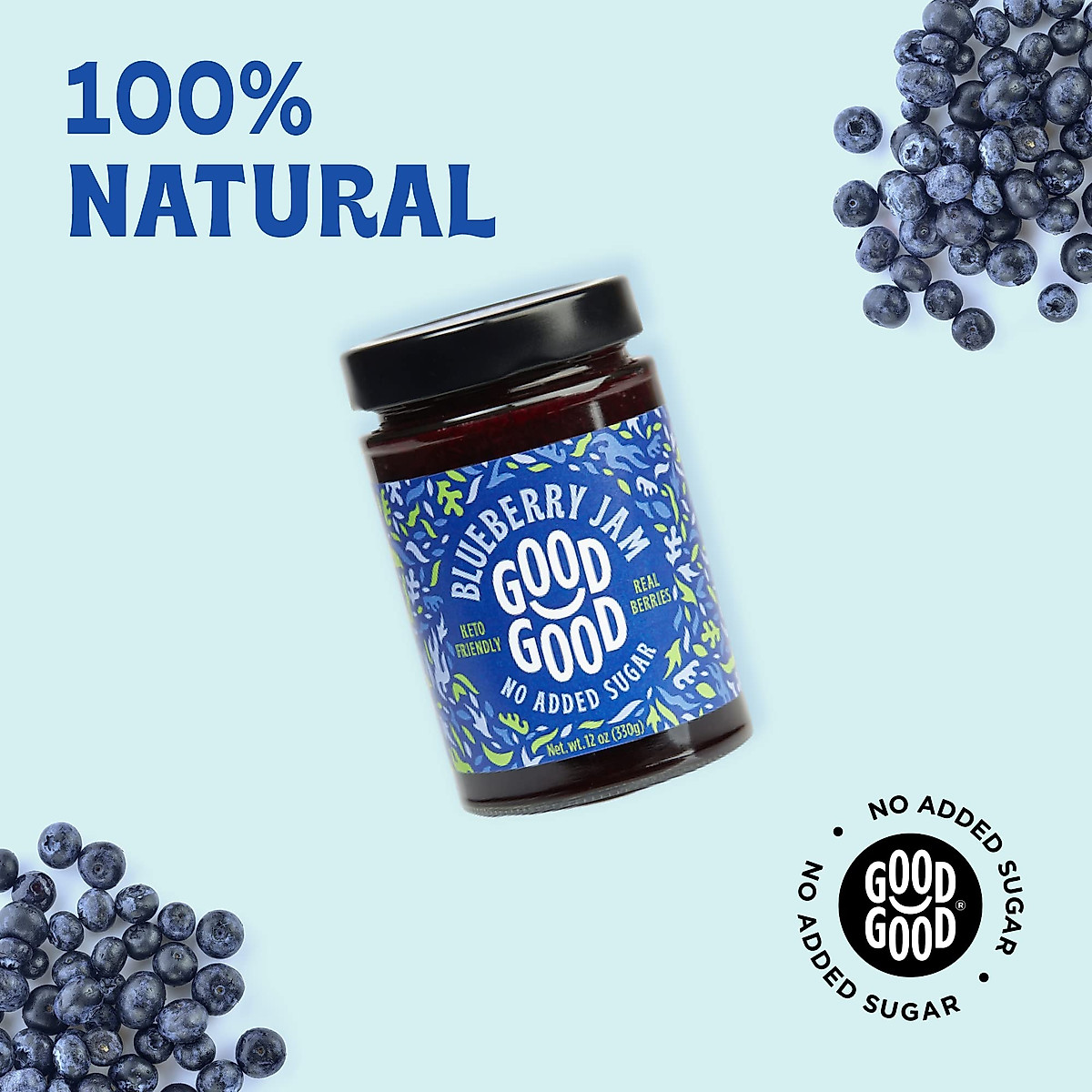 Good Good No Added Sugar Blueberry Jam - Keto Friendly Jelly - Low Carb, Low-Calorie and Vegan - Diabetic Friendly - 12oz / 330g (Pack of 2)