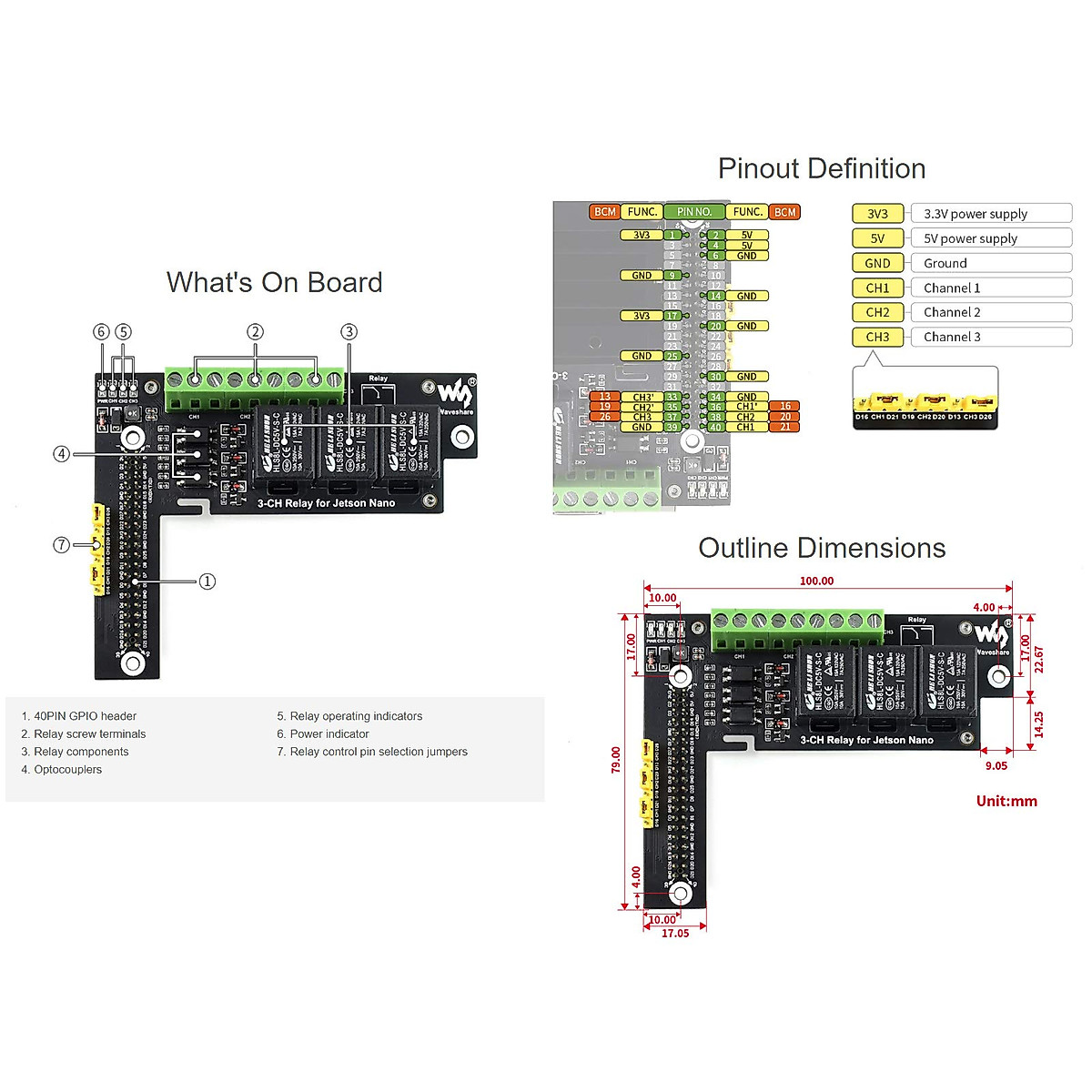 Waveshare Quality 3-Ch Relay Expansion Board Designed for Jetson Nano with Optocoupler Isolation
