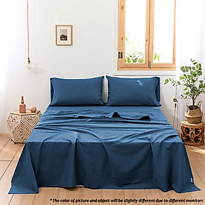 Simple&Opulence Belgian Linen Sheet Set Solid Color - 4 Pieces (1 Flat Sheet, 1 Fitted Sheet & 2 Pillowcases) Natural Flax Cotton Blend Soft Breathable Farmhouse Bedding - Queen Size, Classic Blue