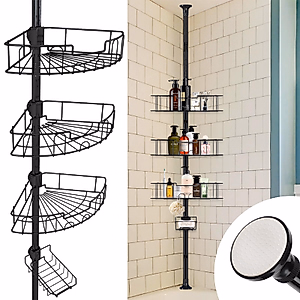 DIOVPLX Rustproof Shower Caddy Tension Pole, Stainless Steel Bathroom Bathtub Corner Shower Rack Shelves Storage Shampoo Holders for Inside Shower, 39"-125" Adjustable Shower Caddy Pole Black