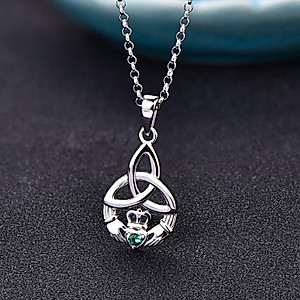 JO WISDOM 925 Sterling Silver Irish Celtic Heart Claddagh Pendant Necklace with Emeral Birthstones