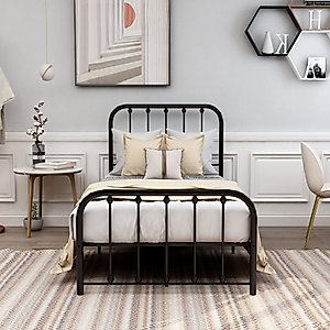 AUFANK Metal Bed Frame Twin Size with Vintage Headboard Footboard Solid Sturdy Steel Slat Support No Box Spring Needed Easy Assembly Black