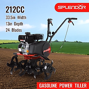 SPLENDOR Gas Powered Tiller 4 Cycle Engine 212CC Working Width Adjustable 13in-22in-33.5in