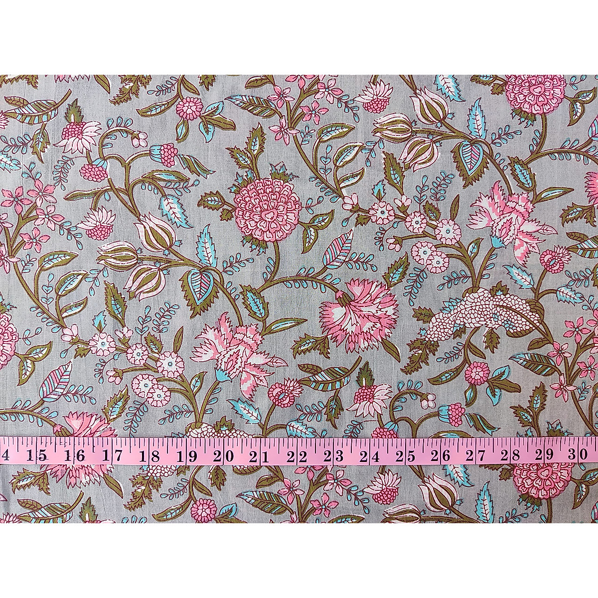 Craftbot Hand Block Print Fabric by The Yard - PRECUT 3 Yards 42 inch Width 100% Cotton Material Grey Floral Pattern Light Weight Indian Cloth for Making Kurti Summer Dress Salwar Kameez, and Pink
