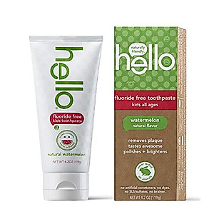 Hello Oral Care Kids Fluoride Free and SLS Free Toothpaste Twin Pack with BPA-Free Kids & Toddler Toothbrush, Natural Watermelon