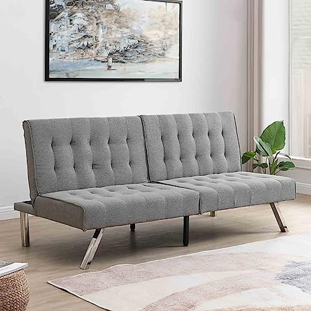 68”Convertible Futon Sofa Bed, Modern Sleeper Couch with Metal Legs, Folding Upholstered Loveseat, Linen Recliner Sofa, Wood Frame, Memory Foam Living Seat for Living Room/Apartment/Office, Grey