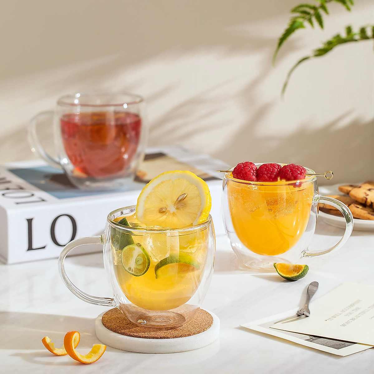 CNGLASS 8.5oz Glass Coffee Mugs,Double Wall Insulated Glass Mugs with Handle,Clear Espresso Mugs for Latte,Cappuccino,Tea Bag,Set of 4