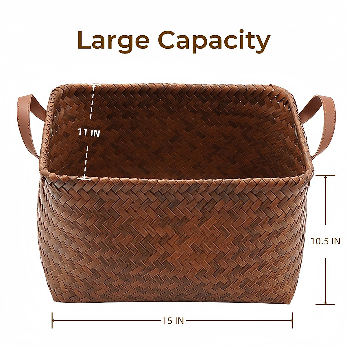 GIB Wicker Storage Baskets for Shelves with Handles 4 Pack, 15"x11" Hand Woven Decorative Rectanguler Baskets Bins Organizer for Blankets Clothes Laundry Bathroom Nursery Picnic, Brown