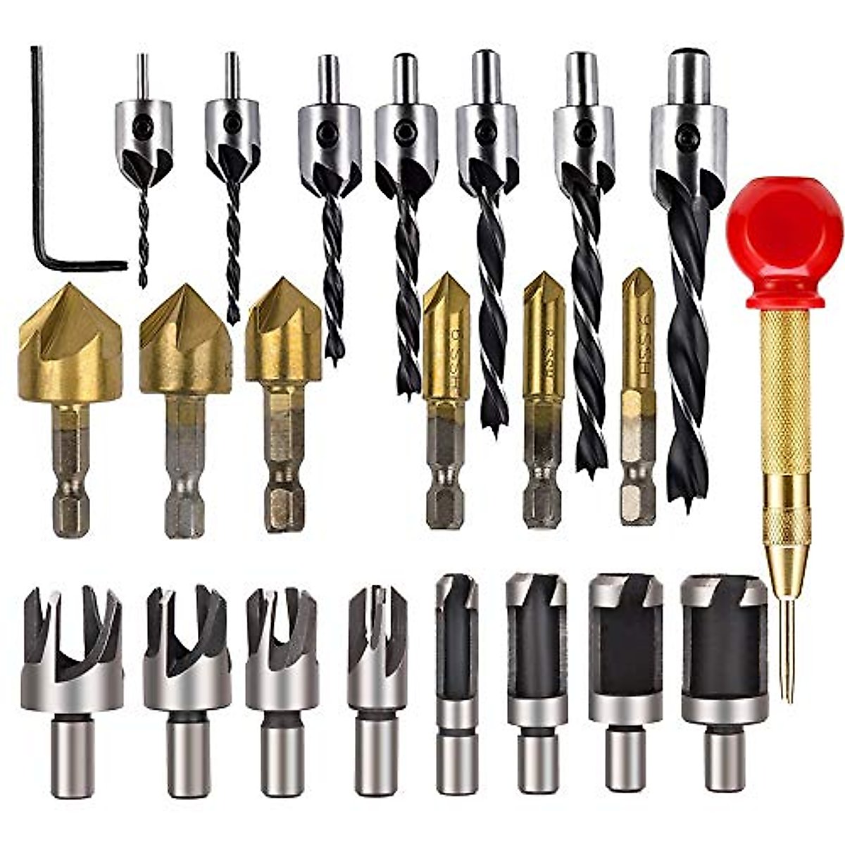 YEEZUGO 23-Pack Woodworking Chamfer Countersink Drill Bit, 6pcs 1/4" Hex 5 Flute 90 Degree Countersink Drill Bits, 7pcs Three Pointed Countersink Drill Bit, 8PCS Wood Plug Cutter, and Automatic
