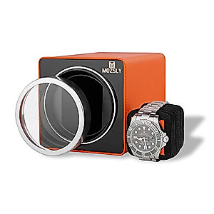 MOZSLY Watch Winder for Automatic Watches with 12 Rotation Mode Setting for Rolex Fit Man Women Automatic Watch Orange Leather
