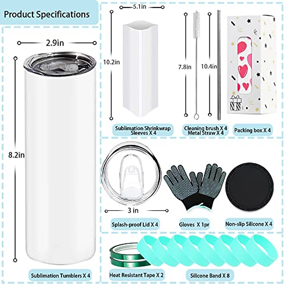 4 Pack 20 oz Sublimation Tumblers,Straight Skinny Stainless Steel Double Wall Insulated Cups for Heat Transfer with Silicone Band, Heat Resistant Tape,Gloves,Shrink Wrap Films and Individually Boxed