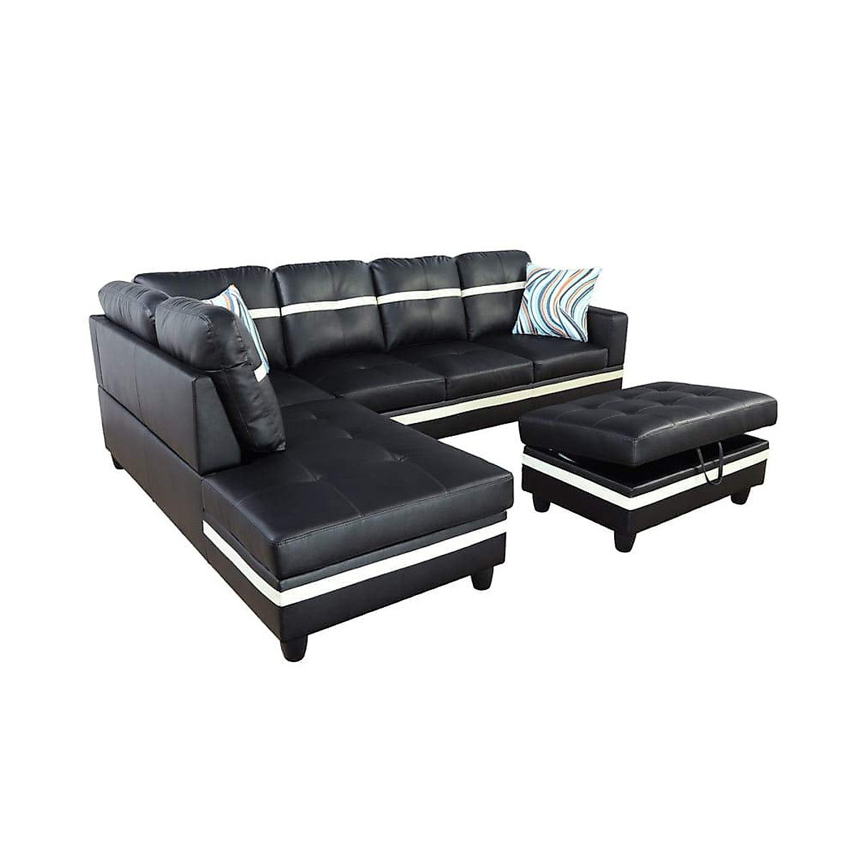 GEBADOL Lifestyle Furniture 3 Piece Sectional Sofa Couch Set, L-Shaped Modern Sofa with Chaise Storage Ottoman and Pillows, Faux Leather, Left Facing