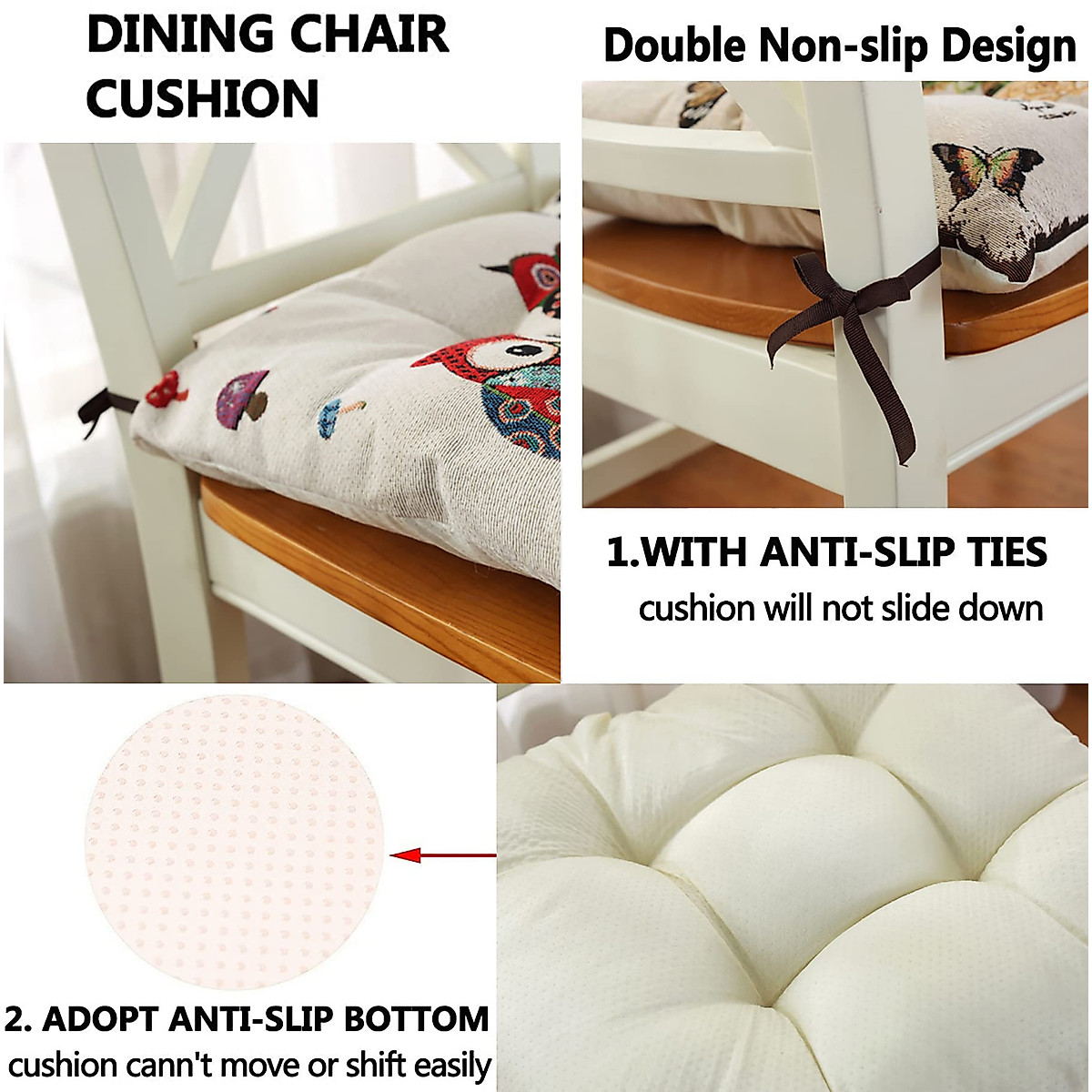 JREDDI Chair Cushions for Dining Chairs 4 Pack - Thickening European Style Kitchen Set of with Ties Nonslip, Owl Tufted Flower Sofa Room Decor Peony Tower, 17 x 17 Inches