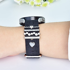 Galaxy Watch Band Charms (20mm Band Included) Compatible with Samsung Galaxy Watch 4 40mm 44mm, Bling Watch Band Charm Decorative Ring Loops with Engraved Sunflower Silicone Band, Black