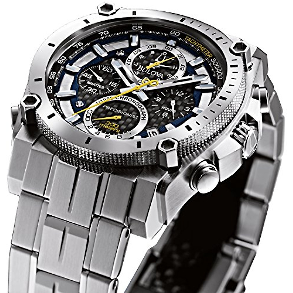 Bulova Men's Precisionist in Stainless Steel with 8-Hand Chronograph Watch, Blue and Yellow Accents, Black Dial Style: 96B175
