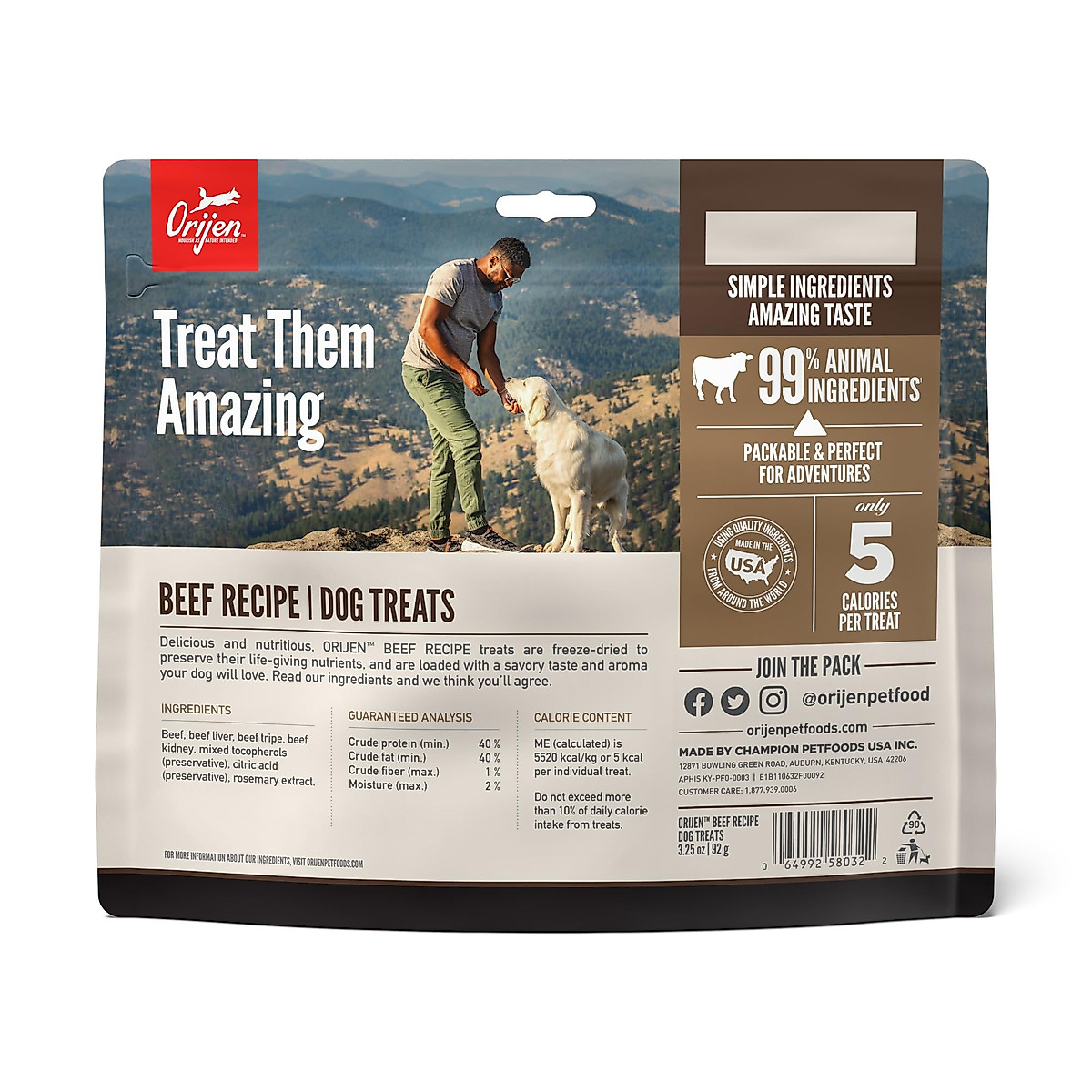 ORIJEN® Freeze Dried Dog Treats, Grain Free, High Protein, Raw Animal Ingredients, Ranch-Raised Beef, 3.25oz