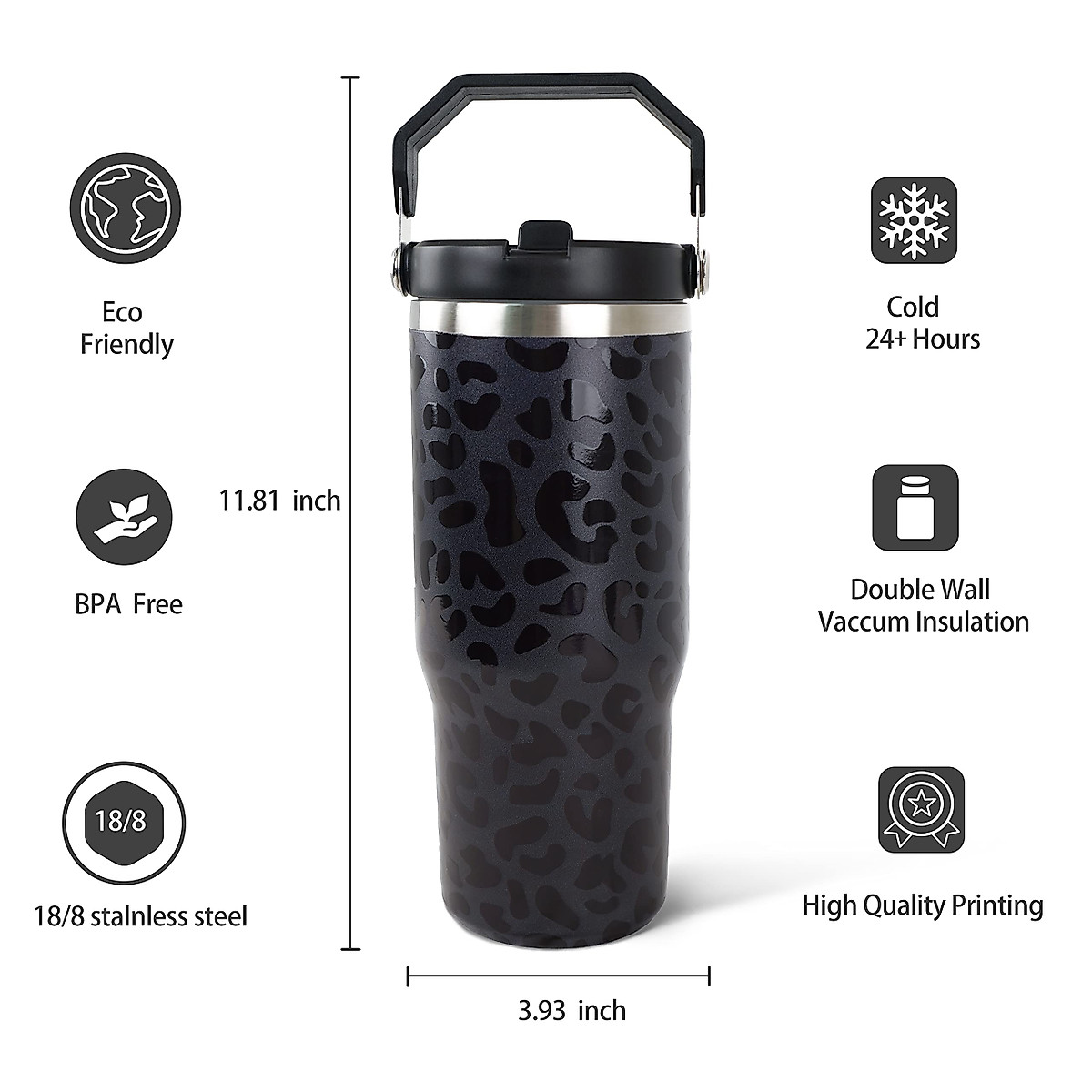 30oz Black Leopard Tumbler with Handle and Straw, Stainless Steel Vacuum Insulated Coffee Tumbler, Travel Mug Water Bottle, Leopard Stuff Accessories Decor, Leopard Gifts for Women