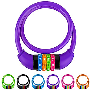 IDEALUX Bike Lock Cable, Bicycle Cable Lock with 4 Digit Combination & Large Lock Head, Resettable Kids Bike Cable Lock, 2 Ft x ∅1/2 IN, Lock for Bike, Scooter, Skateboard, motorcycle, E Bike (Purple)