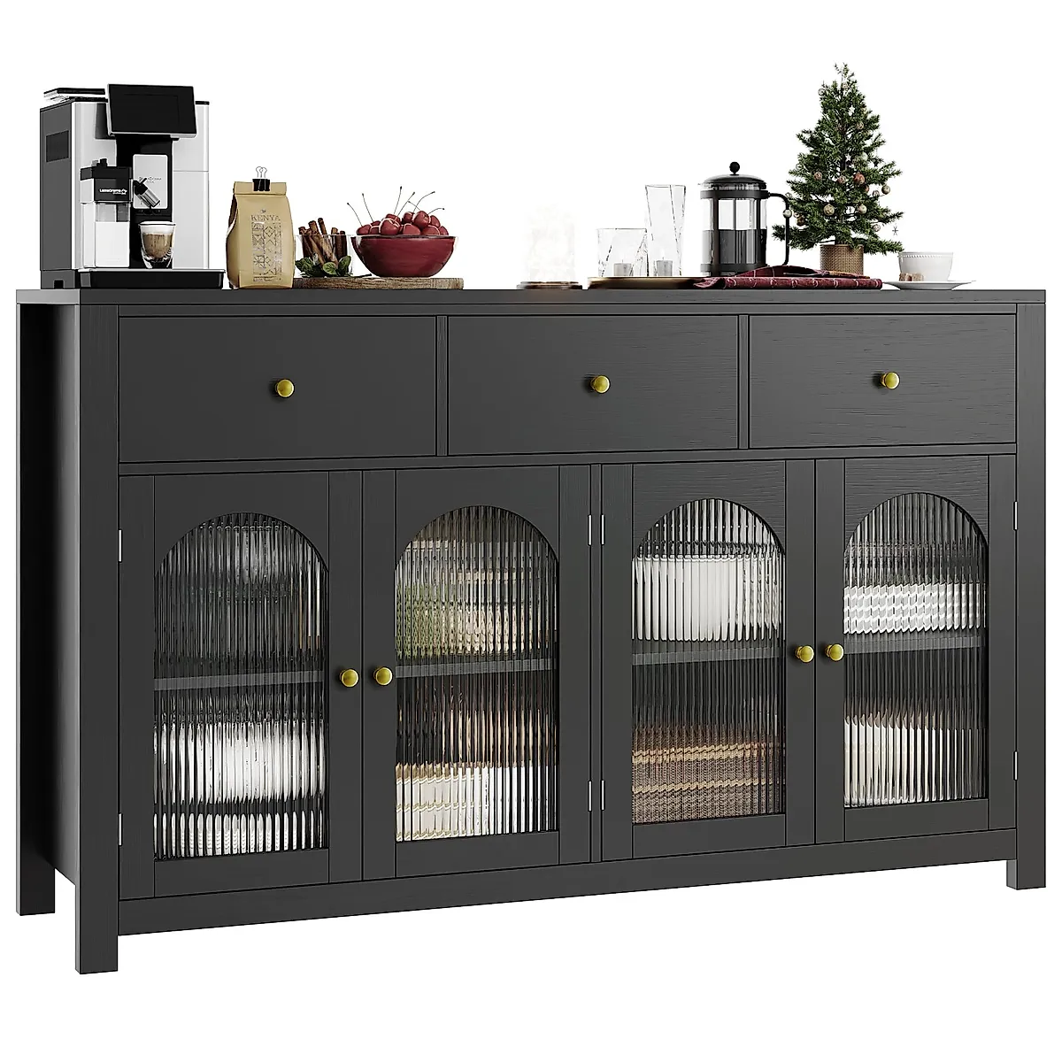 FINETONES Buffet Cabinet with Storage, 55.1" Large Sideboard Buffet Farmhouse Kitchen Cabinet with 3 Drawers and 4 Doors, Wood Coffee Bar for Kitchen, Black