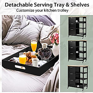 GOFLAME Kitchen Island Cart on Wheels with Storage, Versatile Rolling Cart with Wood Countertop, 3 Drawers, Removable Tray & Lockable Casters, Mobile Serving Trolley for Kitchen, Dining Room, Black