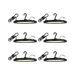 Fullmeii 6Pack 150W UFO LED High Bay Light, 21,000lm 5000K Daylight Commercial Lighting, IP65 Waterproof Shatterproof Fixture with 5' Cable, UL Listed for Industrial Warehouse